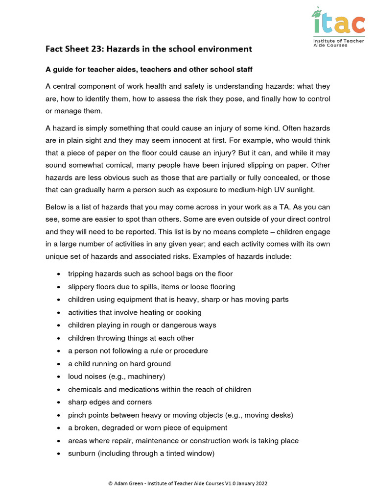 Fact Sheet 23 - Hazards in The School Environment | PDF