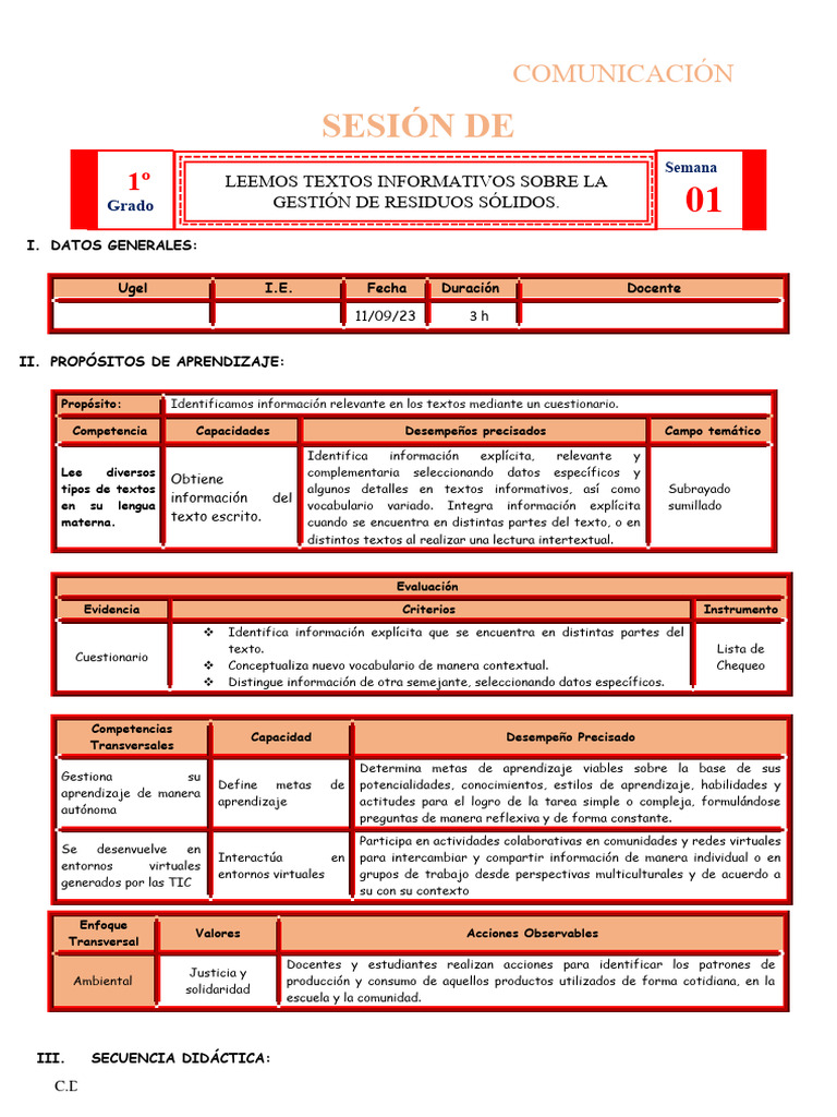 1° Sesión de Aprendizaje Sesión 1-Sem.1-Exp.6-Com | PDF | Aprendizaje | Evaluación