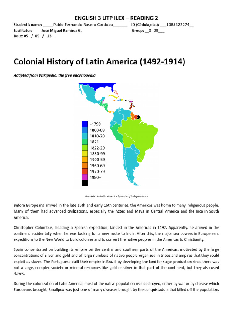 Colonial History of Latin America - Reading 2 - English Course 3 | PDF ...