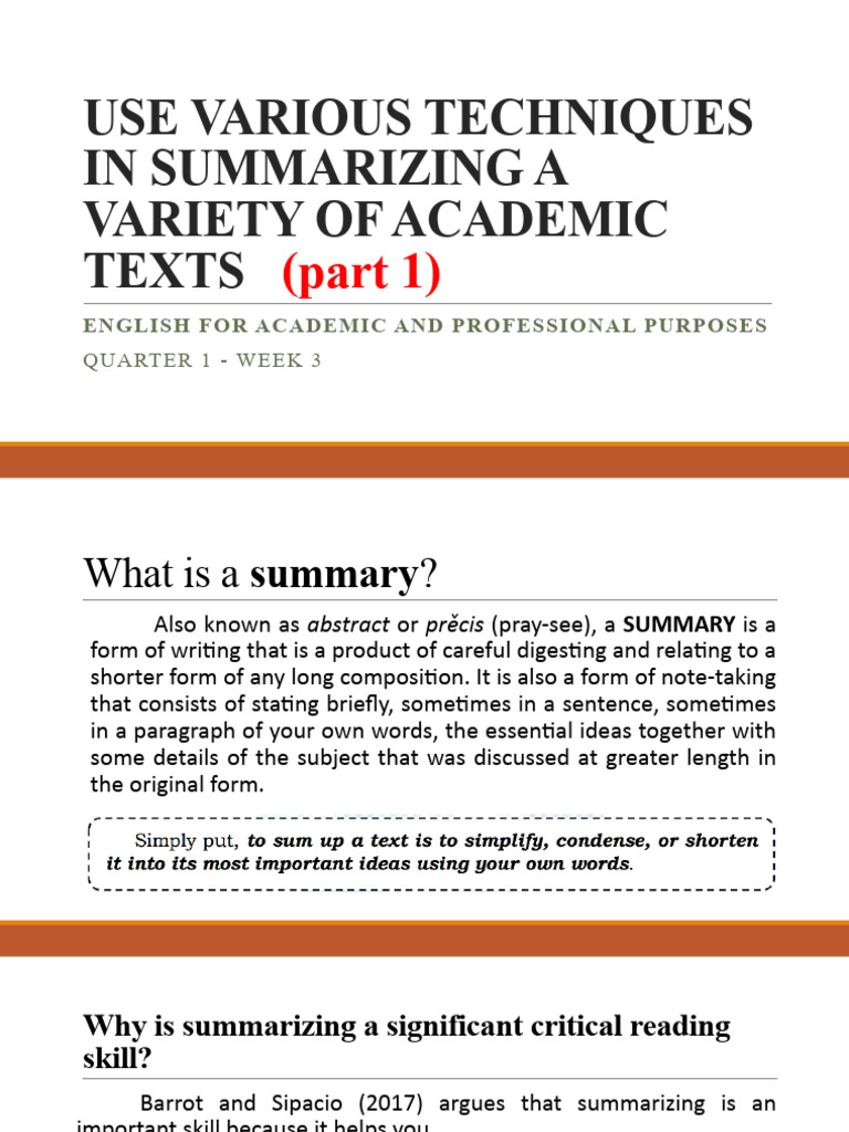 USE VARIOUS TECHNIQUES IN SUMMARIZING Part 1 | PDF | Noun | Word