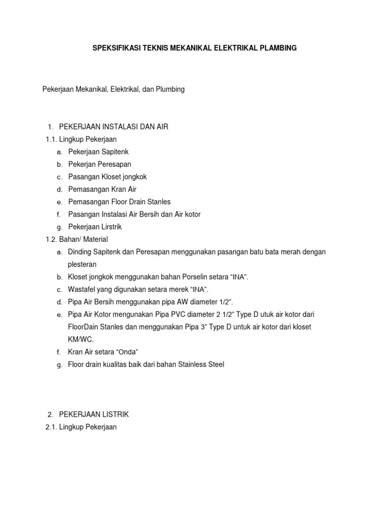 Spesifikasi Teknis MEP Lengkap | PDF