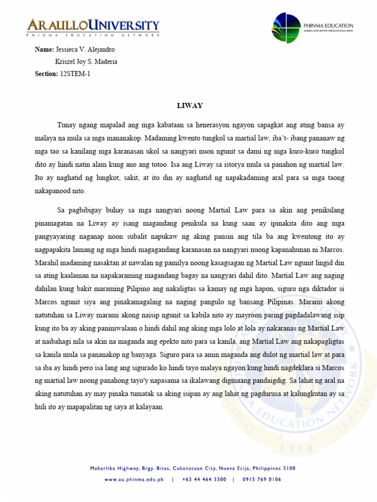 Liway (Replektibong Sanaysay) | PDF