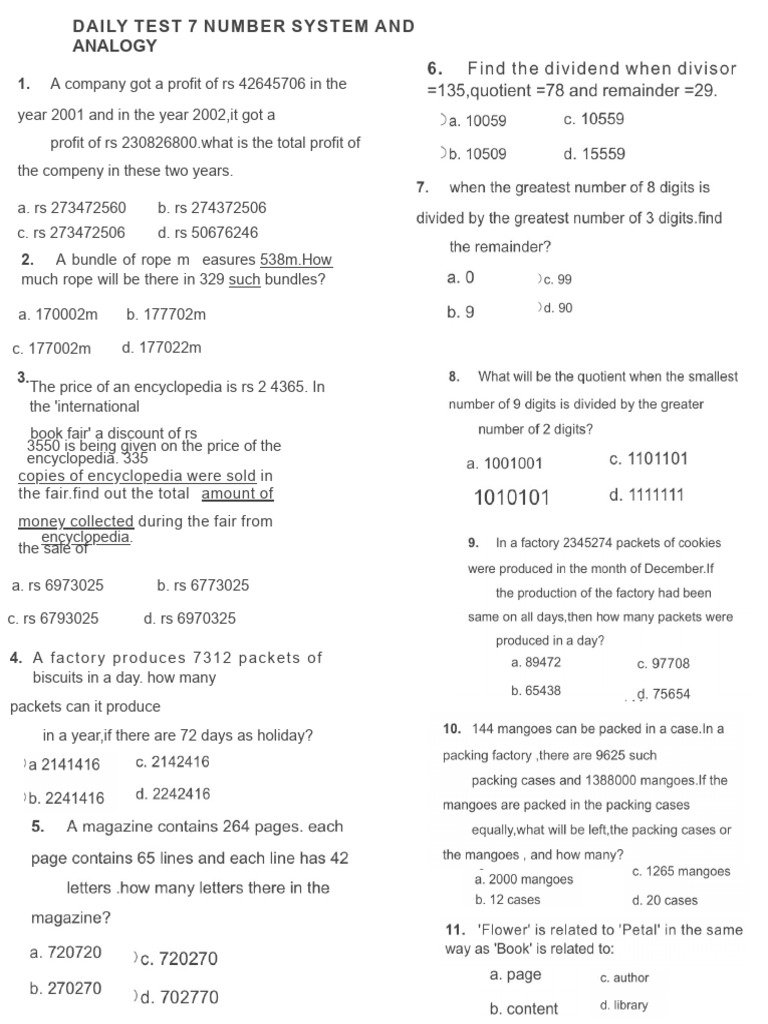 Daily Test 7 Number System and Analogy | PDF | Division (Mathematics)