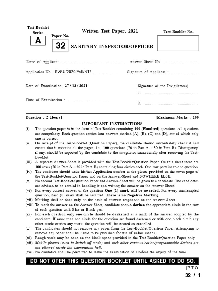 Sanitary Inspector Exam Question Paper | PDF