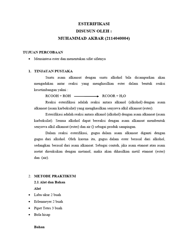 Laporan Praktikum 4 Esterifikasi | PDF Laporan Praktikum 4 Esterifikasi | PDF