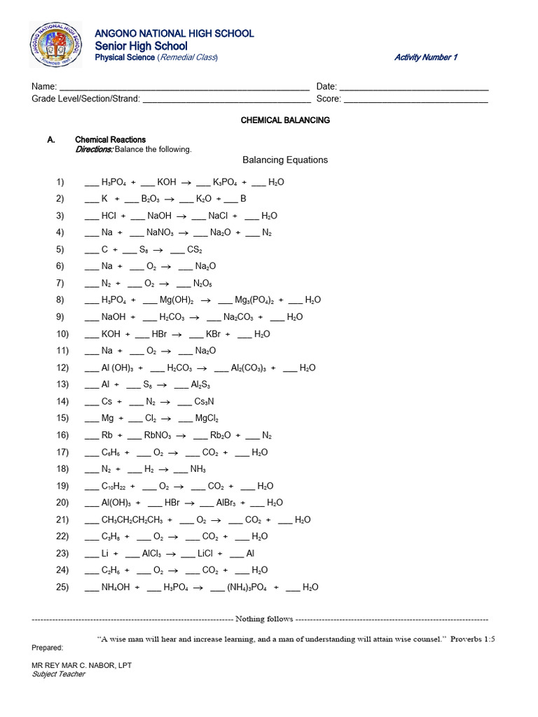 ACTIVITY 1 - PHYSICAL SCIENCE - Balancing Equations | PDF