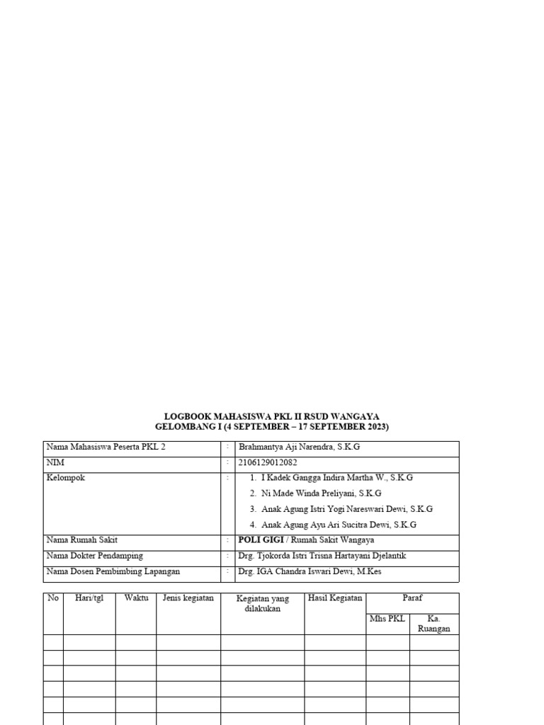 Logbook PKL II Mahasiswa RSUD Wangaya | PDF