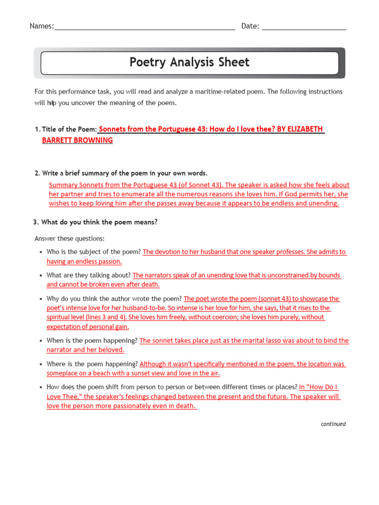 Poetry - Analysis Sheet 2 Sonnet | PDF | Love | Poetry