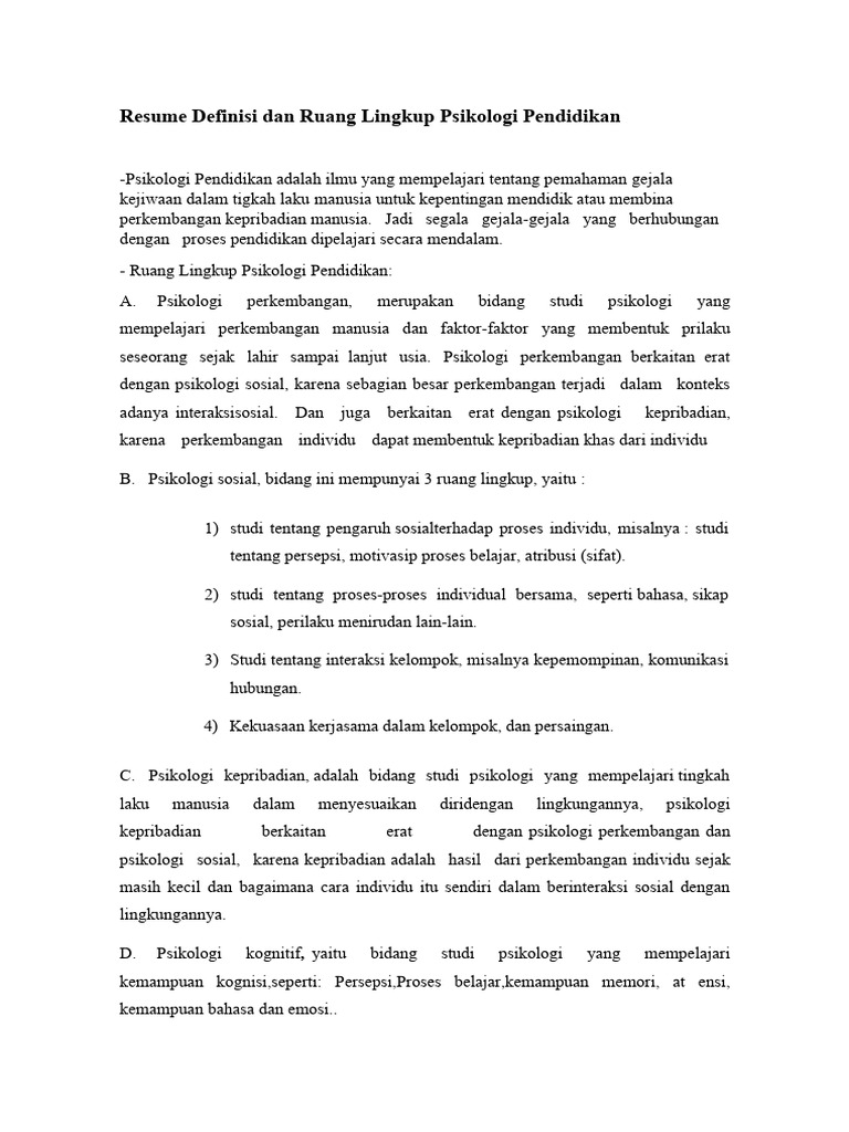 Resume Definisi Dan Ruang Lingkup Psikologi Pendidikan Pdf