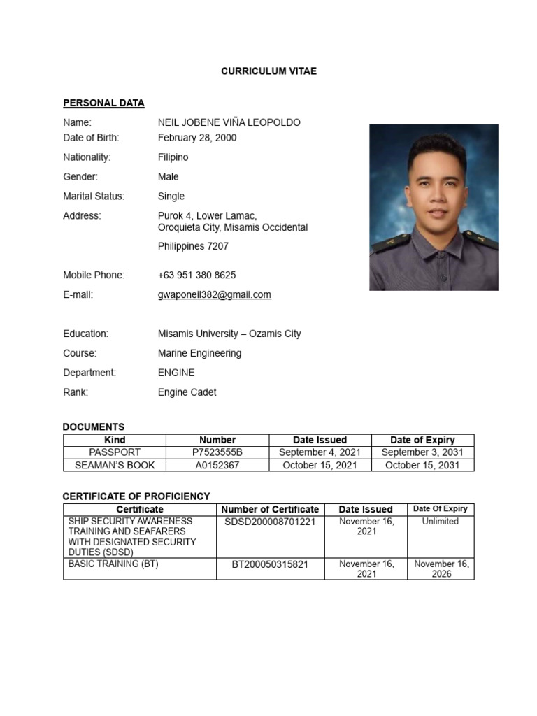 CV Neil Jobene Viña Leopoldo | PDF | Sailor | Pediatrics