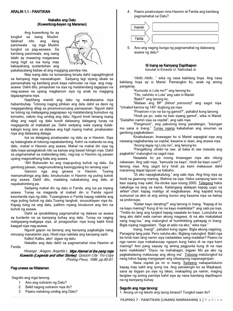 Grade 7 Filipino Panitikan Unang Markahan | PDF