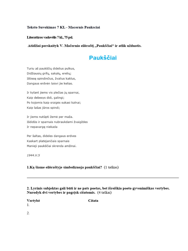 Teksto Suvokimas 7 KL - Macernis Pauksciai | PDF Teksto Suvokimas 7 KL - Macernis Pauksciai | PDF