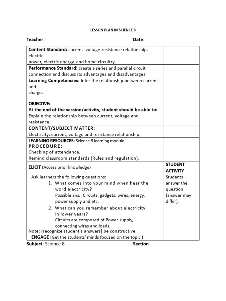 Electricity Lesson Plan for Grade 8 | PDF | Electricity | Electrical ...