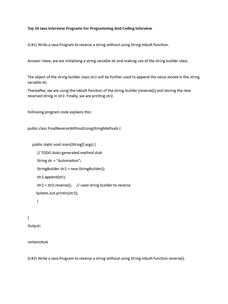 Top 20 Java Interview Programs For Programming and Coding Interview-1 | PDF | String (Computer ...