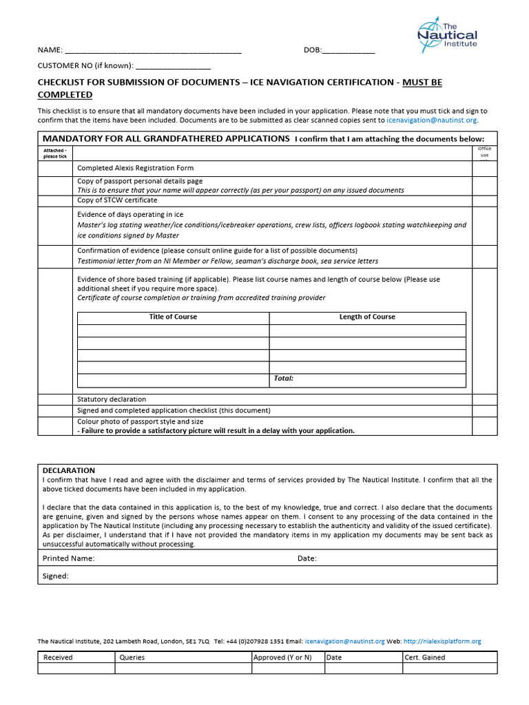 PDF Checklist Template Ice Navigation Grandfather v1 July 2017 | PDF