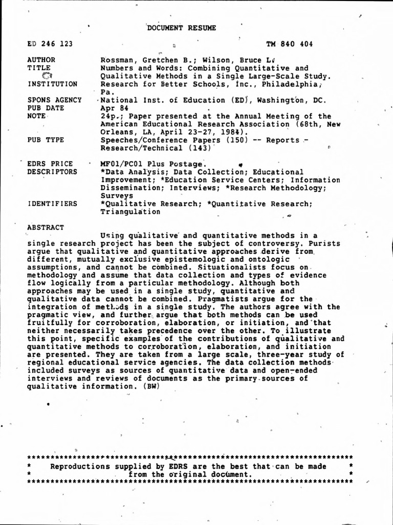 NUMBERS AND WORDS Combining quantitative and qualitative methods in a single large scale ...