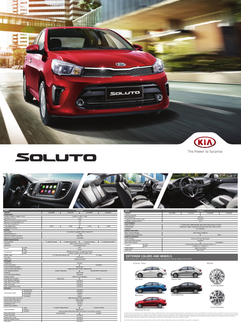 Kia Soluto Exterior Colors and Specs | PDF | Automotive Technologies ...