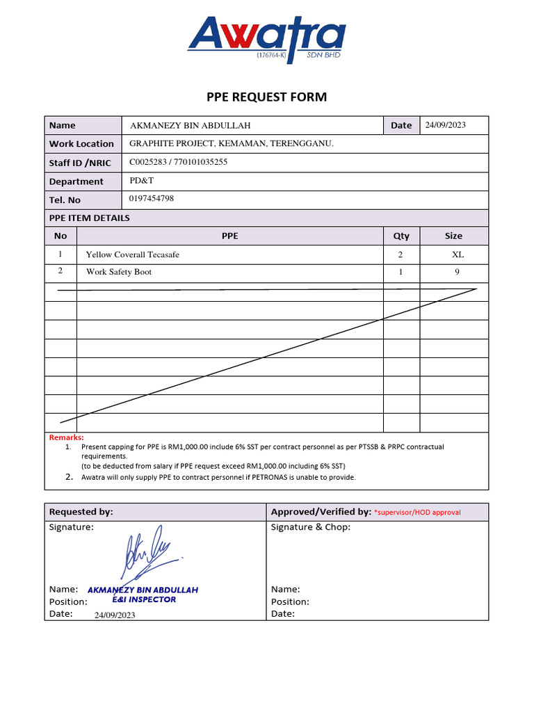 Ppe Request Form: Name Date Work Location Staff ID /NRIC Department Tel ...