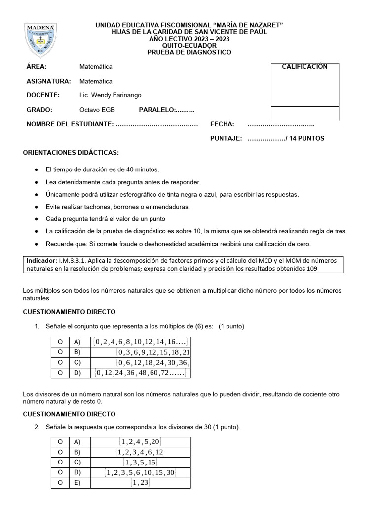 Prueba Octavo Diagnóstica | PDF | Exponenciación | Multiplicación