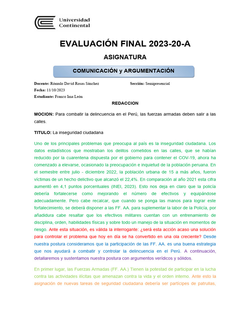 Consigna de Trabajo - Evaluación Final 2023-20-A | PDF | Policía | Perú