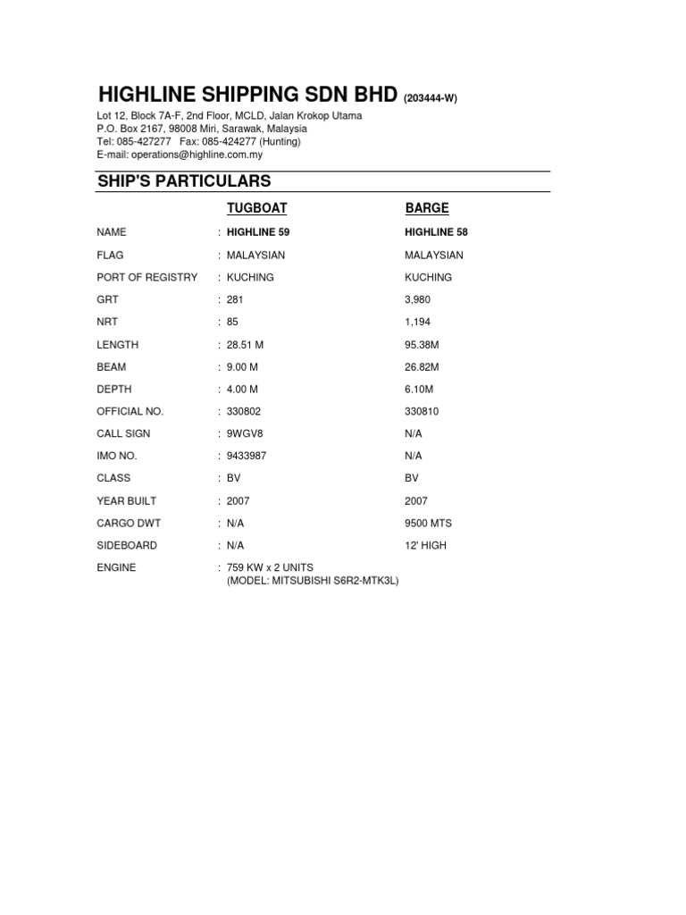 Highline Shipping SDN BHD: Ship'S Particulars | PDF