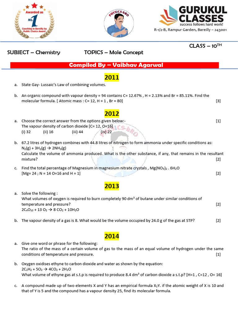Mole Concept - PYQ | PDF | Gases | Hydroxide Mole Concept - PYQ | PDF | Gases | Hydroxide