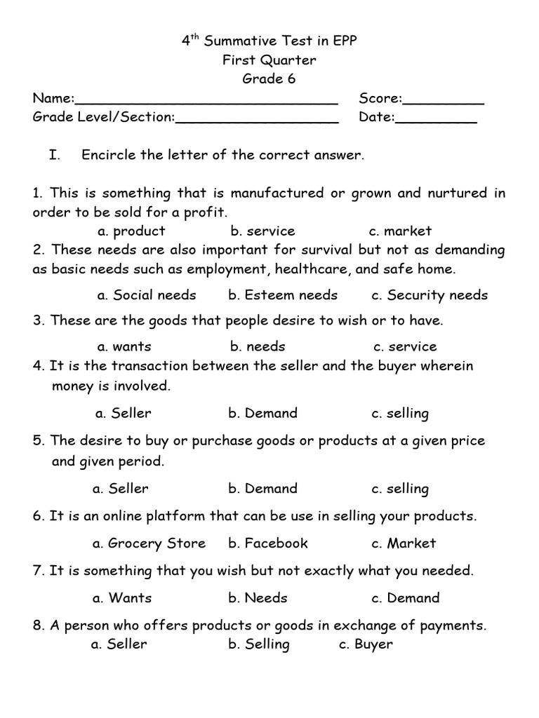 Grade 6 EPP 4th Summative Test | PDF