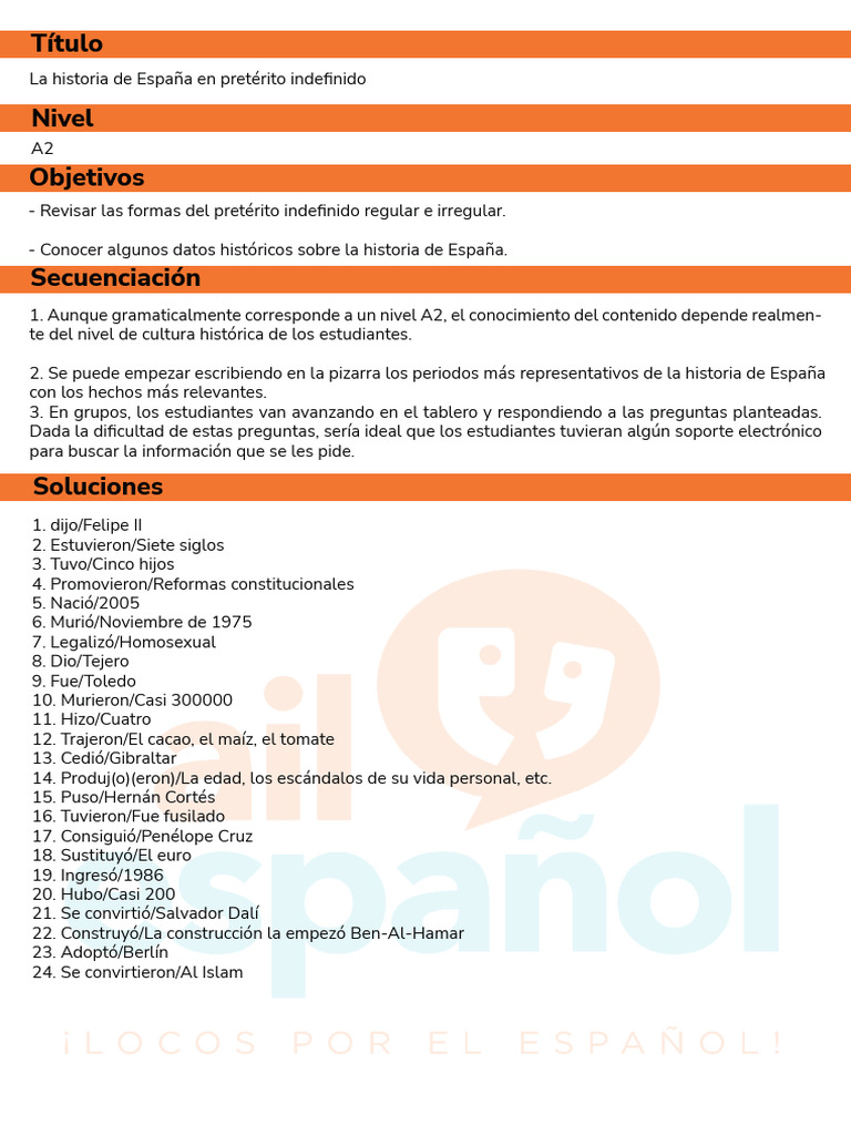 Secuenciacion Ejercicio Espanol Preterito Indefinido Historia Espana | PDF