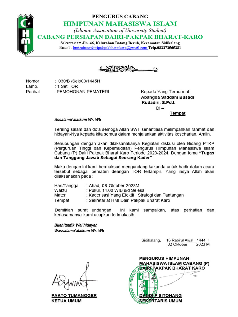 Undangan Pemateri BG Saddam Busadi Kudadiri | PDF