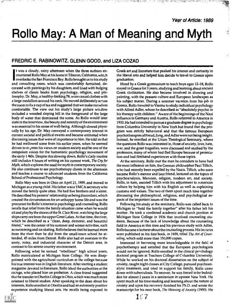 Rollo May A Man of Meaning and Myth | PDF | Psychotherapy | Psychology