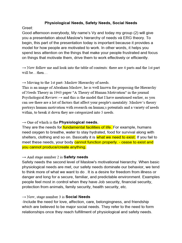 (QTH) Physiological Needs, Safety Needs, Social Needs | PDF