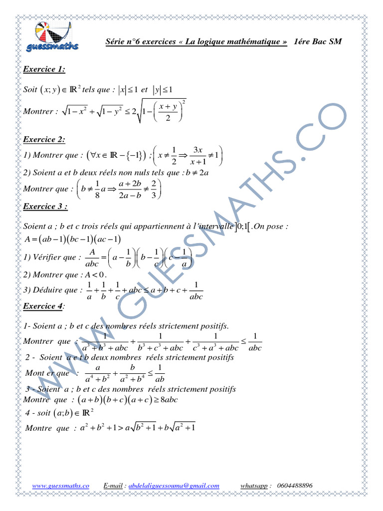 Série n°6 exercices « La logique mathématique » 1ére Bac SM | PDF