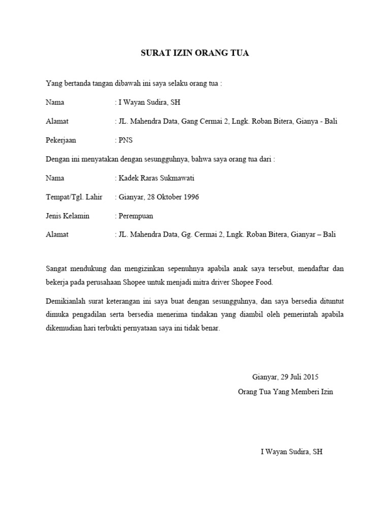 Contoh Surat Izin Orang Tua Untuk Shopee Food | PDF