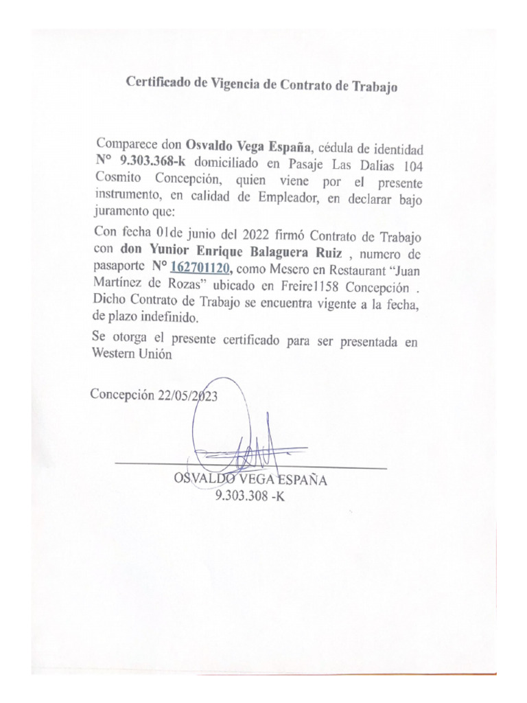 Certificado de Vigencia de Contrato de Trabajo | PDF