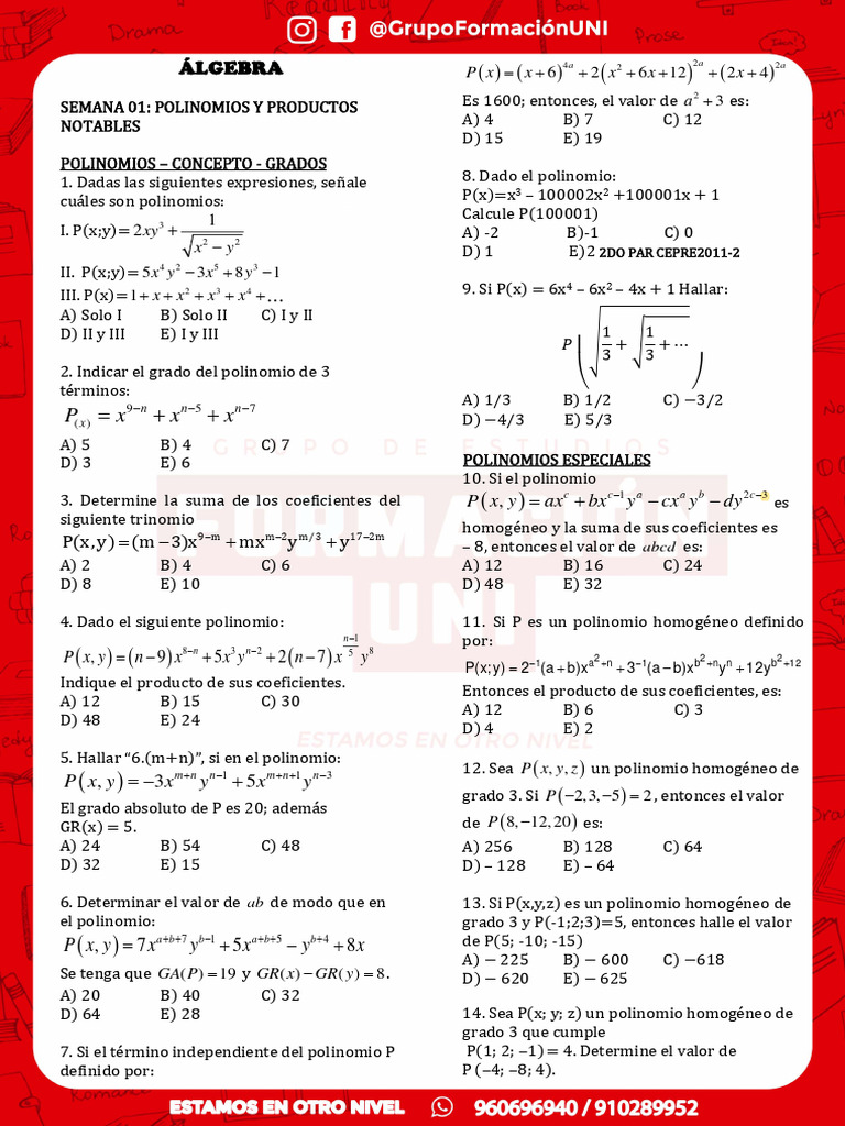 Algebra - 01 - Polinomios y Productos Notables | PDF