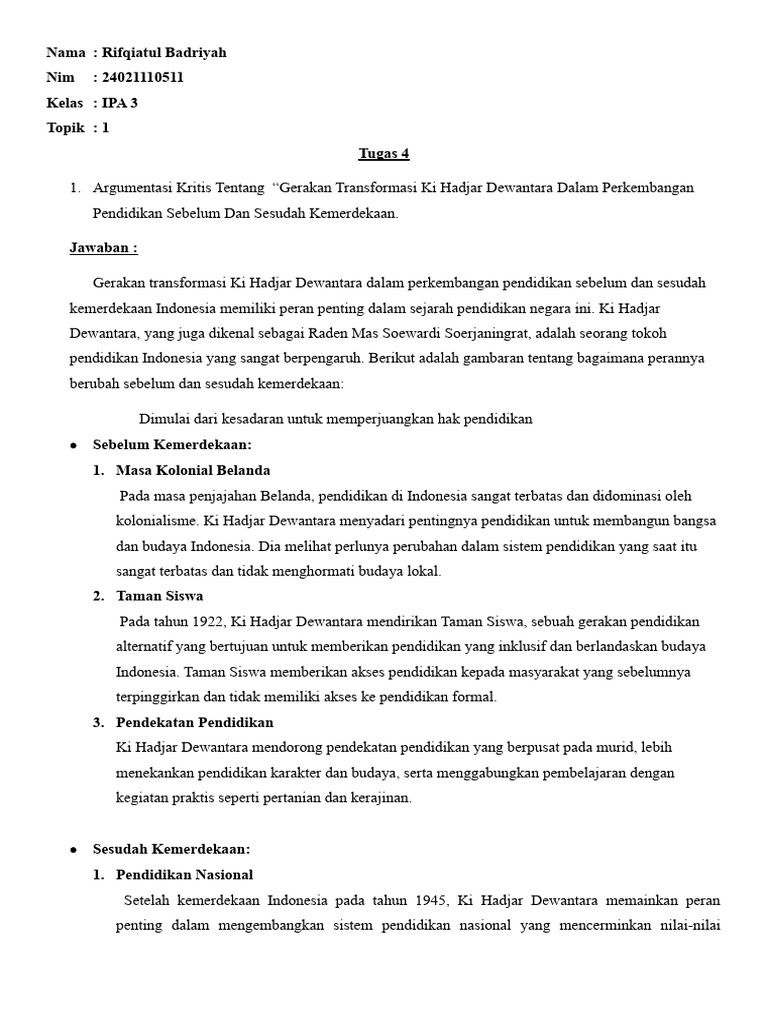 Argumentasi Kritis Tentang Gerakan Transformasi KHD | PDF Argumentasi Kritis Tentang Gerakan Transformasi KHD | PDF