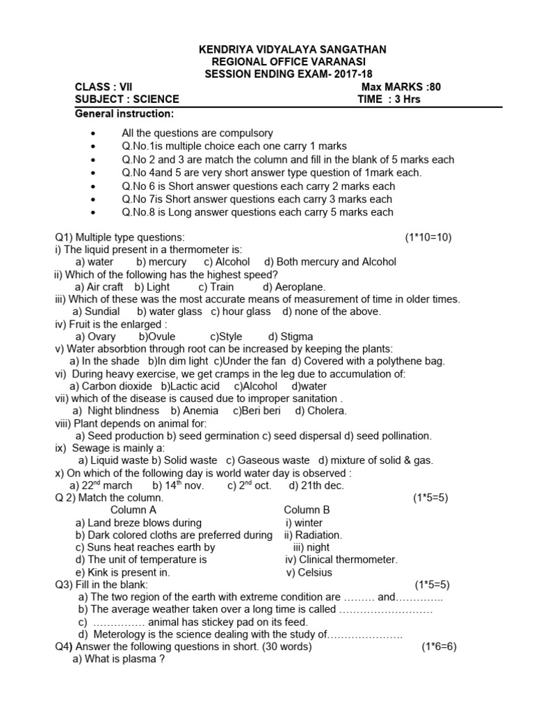 Class VII Science Annual Exam 2017 18 | PDF | Chemistry