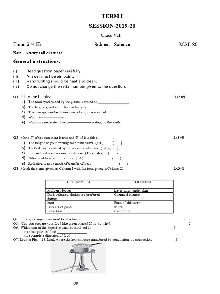 Class-Vii-Science-Half-Yearly-2019-20 Test Paper | PDF