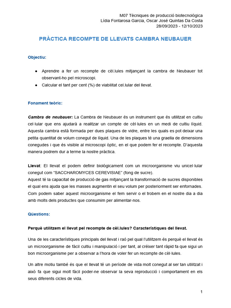 Pràctica Recompte de Llevats Cambra Neubauer - Lídia Fontarosa i Òscar José Quintas | PDF