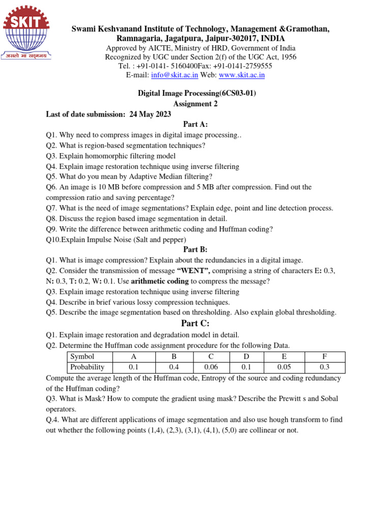 Dip Assignment - 2 - 2022-23 | PDF | Data Compression | Image Segmentation