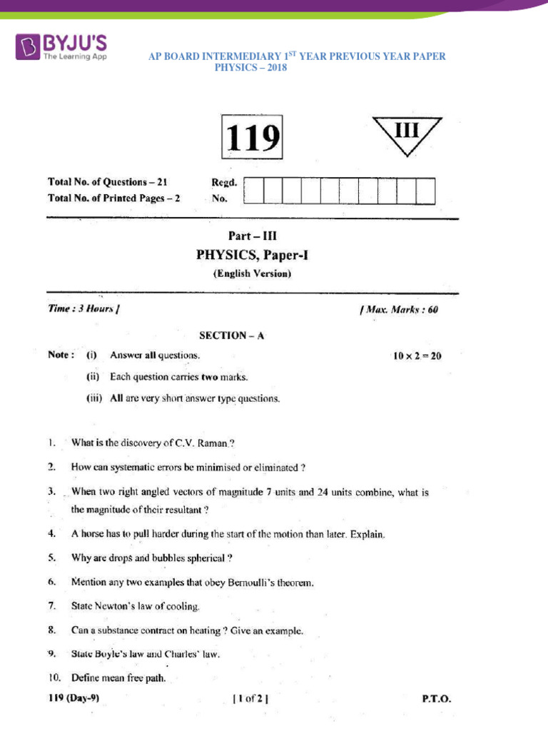 AP Board Intermediate 1st Year Physics Previous Year Paper 2018 | PDF