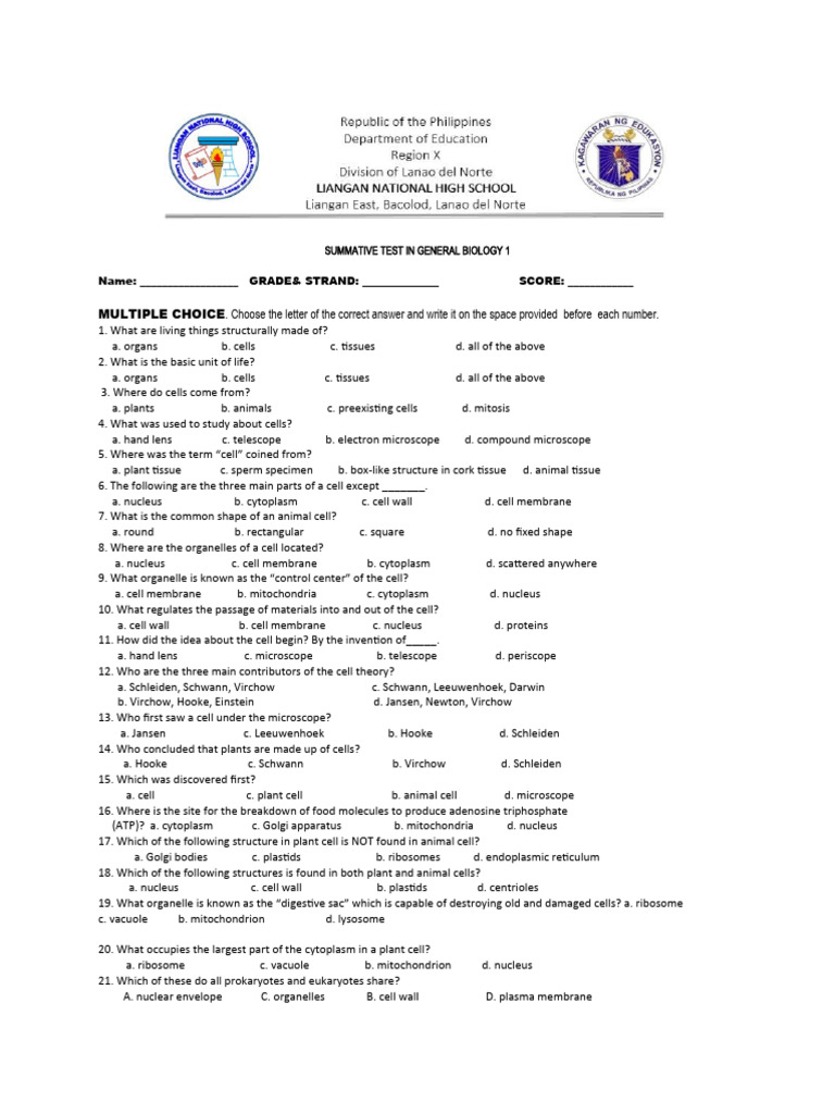 General Biology 1 Summative Test | PDF | Meiosis | Cell (Biology)