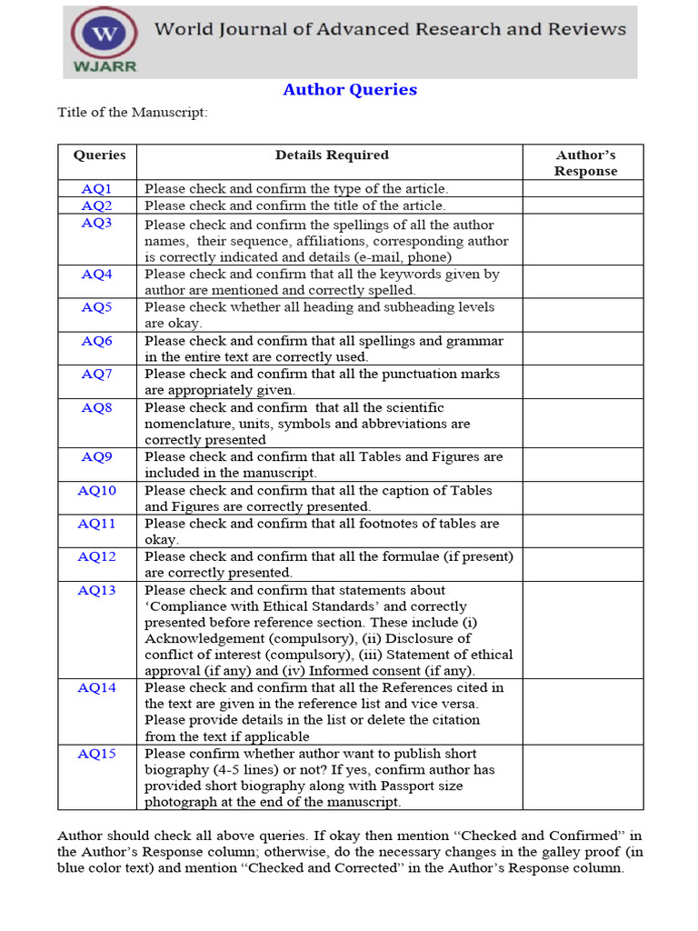 WJARR-Authors Queries For Galley Proof Form | PDF