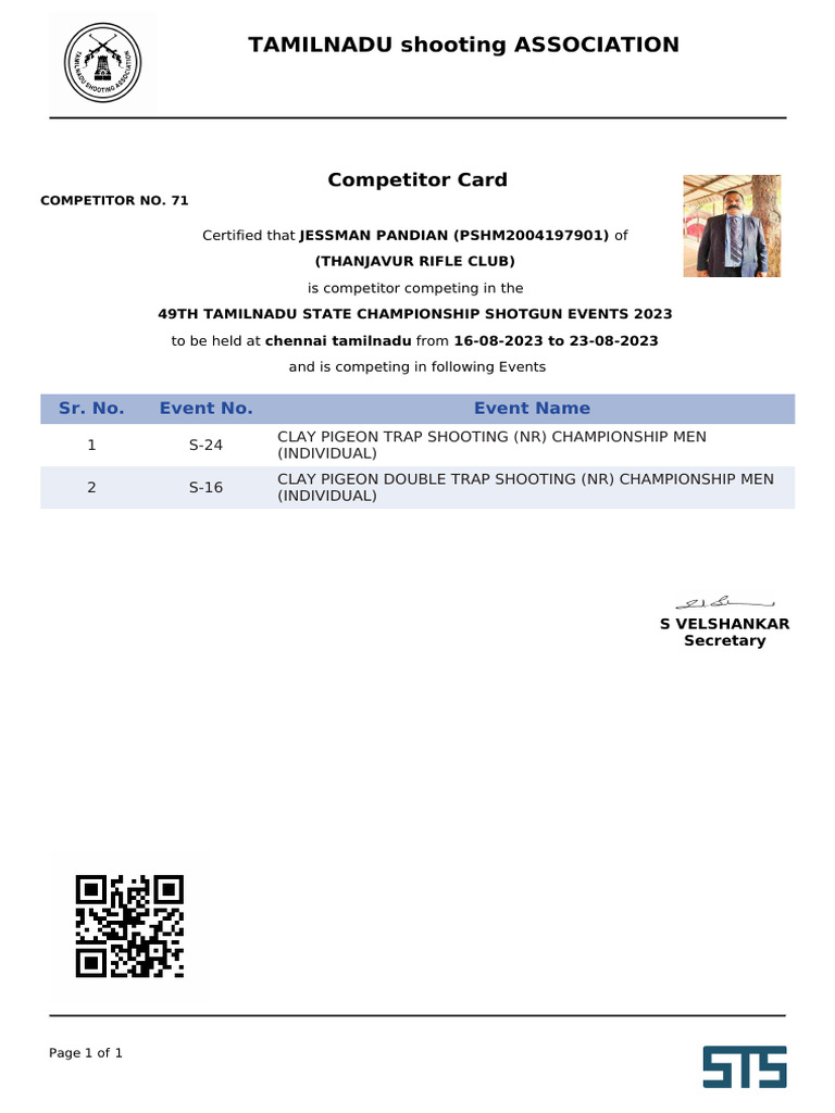 Tamilnadu Shooting Association: Competitor Card | PDF