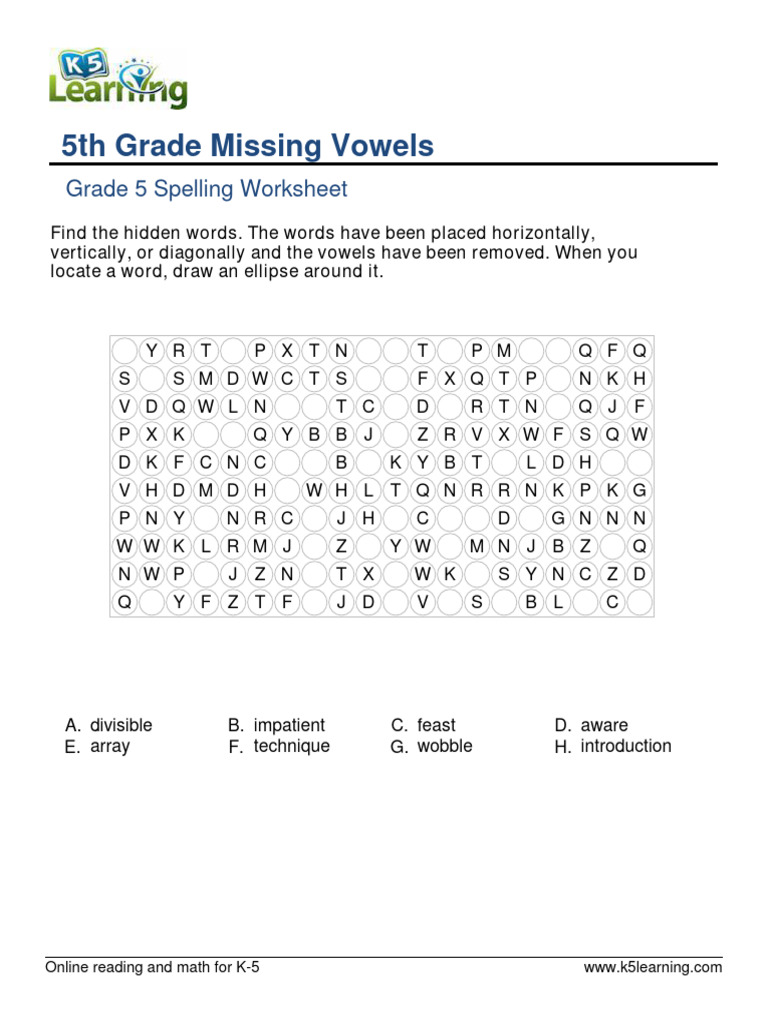 Grade 5 Missing Vowels 3 | PDF