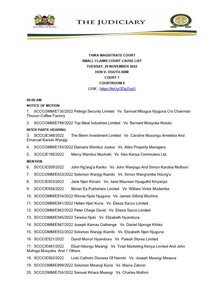 THIKA SCC Cause List For 29th November 2022 | PDF
