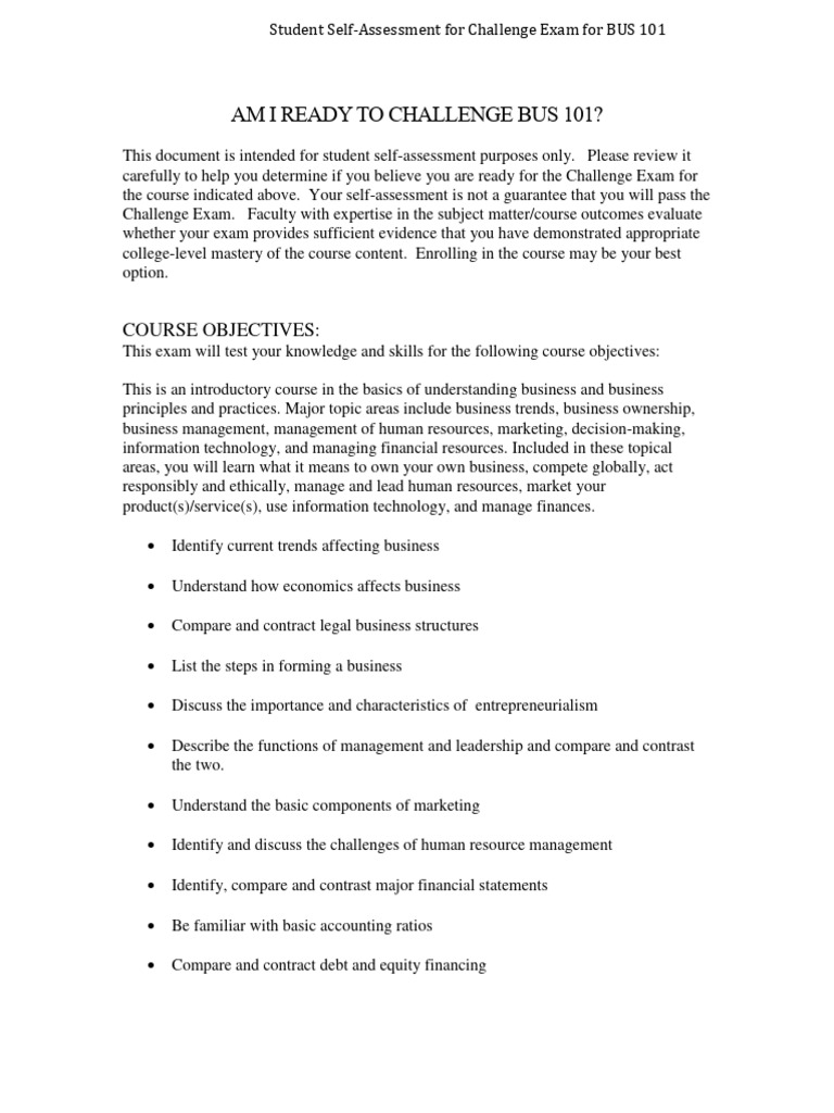BUS 101 Challenge Exam Self-Assessment Guide | PDF | Capitalism ...