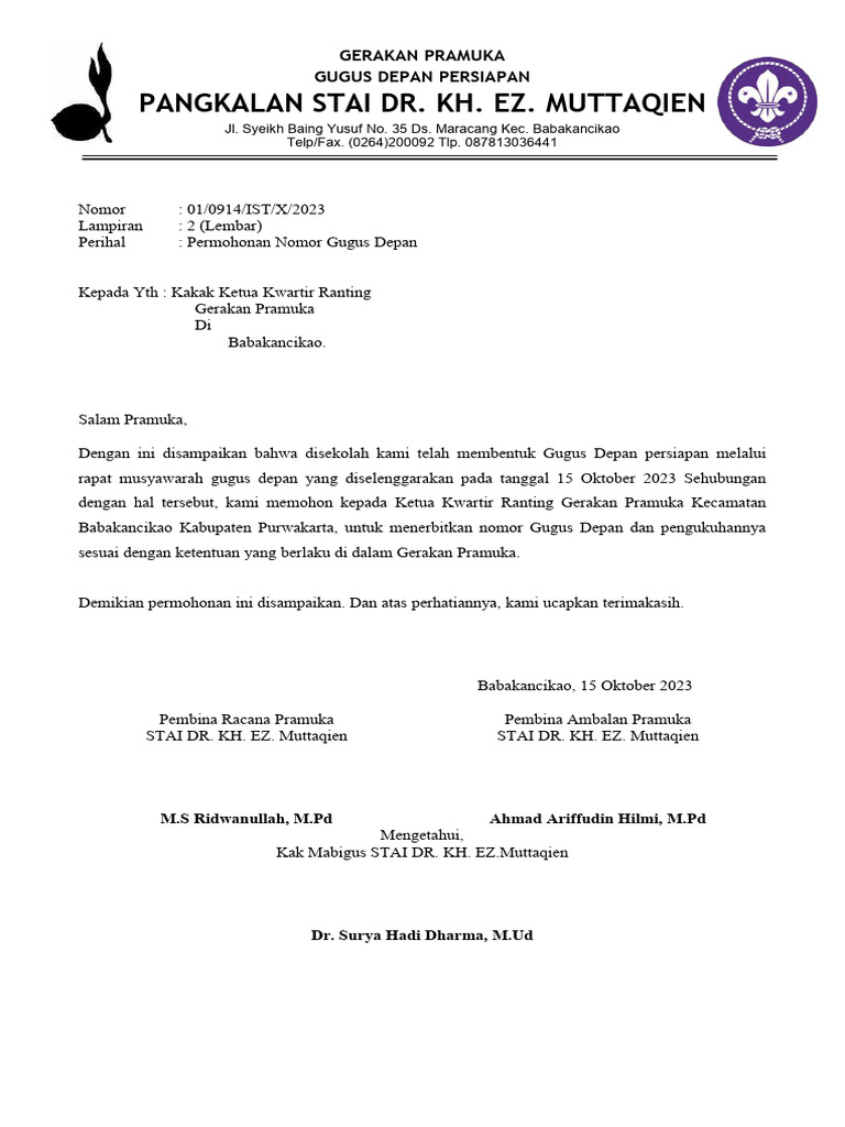 Surat Pengajuan Gudep Stai Muttaqien 2324 | PDF