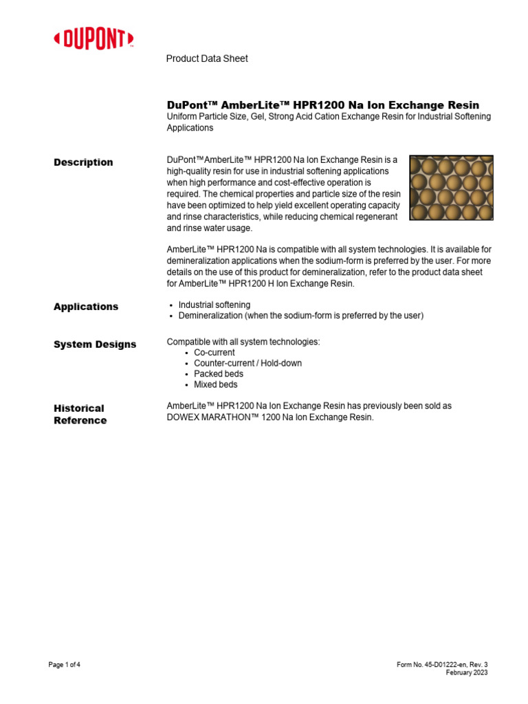 Data Sheet - AmberLite-HPR1200 Na | PDF | Ion Exchange | Du Pont