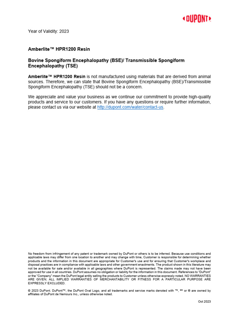 Dupont_Amberlite™ HPR1200 Resin_BSE_TSE_Oct2023 | PDF